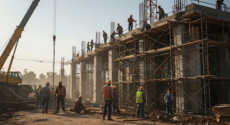 Construction Workers Building Modern Structure Stock Illustration ...