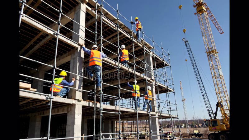 Construction Workers Building Modern Structure with Crane Stock Video ...