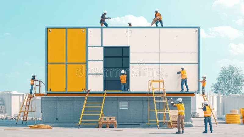 Construction Workers Building a Modern Structure with Yellow and White ...