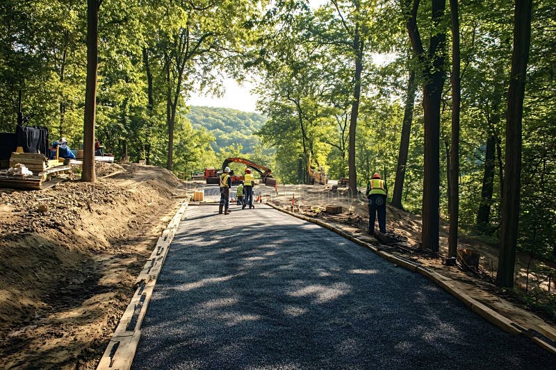 Construction Workers Building New Asphalt Road in Forest Stock Image ...