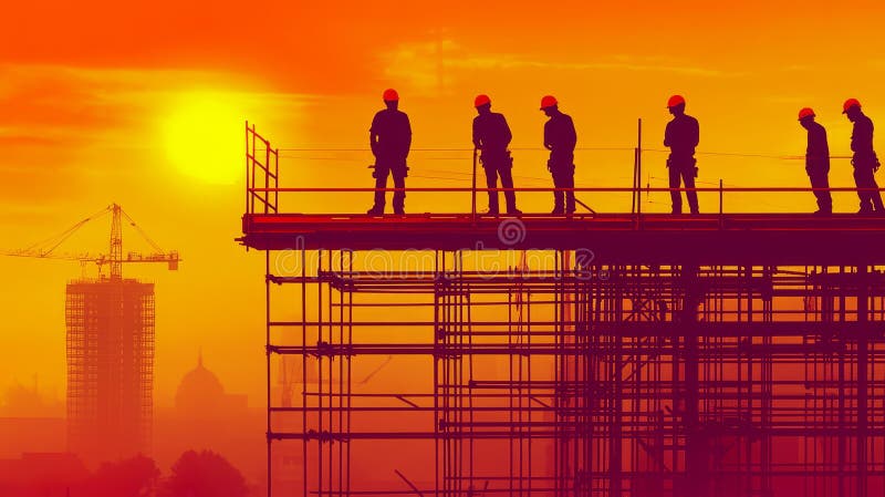 Construction Workers Building New Skyscraper at Sunset Stock ...