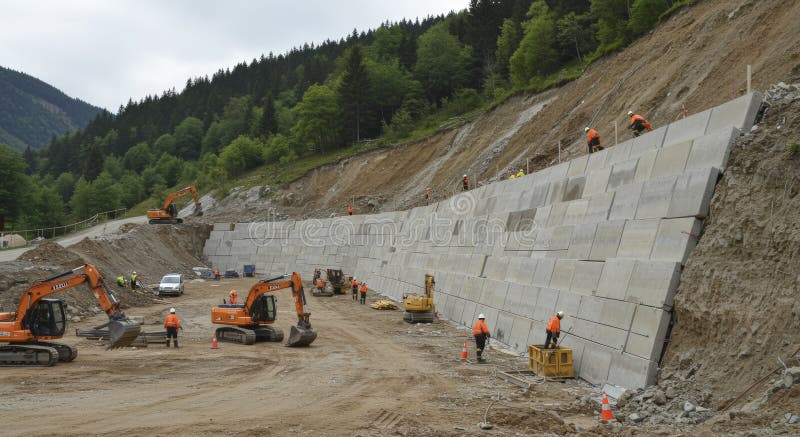 Construction Workers Building Retaining Wall with Excavators on Mountain Slope Stock ...