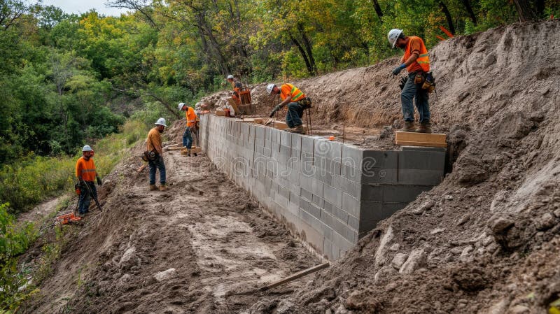 Construction Workers Building a Retaining Wall on a Hillside Stock ...