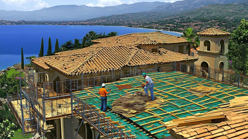 Construction Workers Building Rooftop Terrace on Luxury Villa with ...