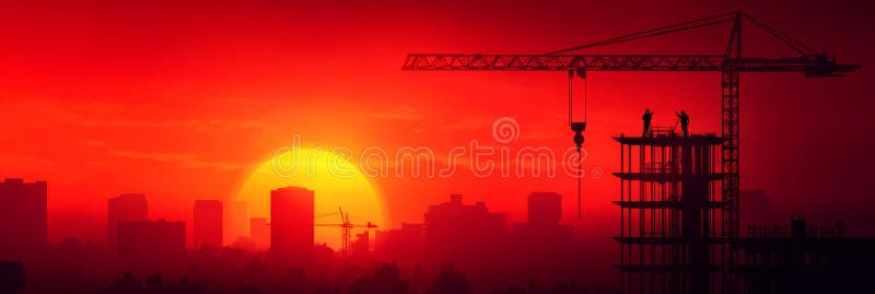 Construction Workers Building a Skyscraper at Sunset Silhouettes of ...