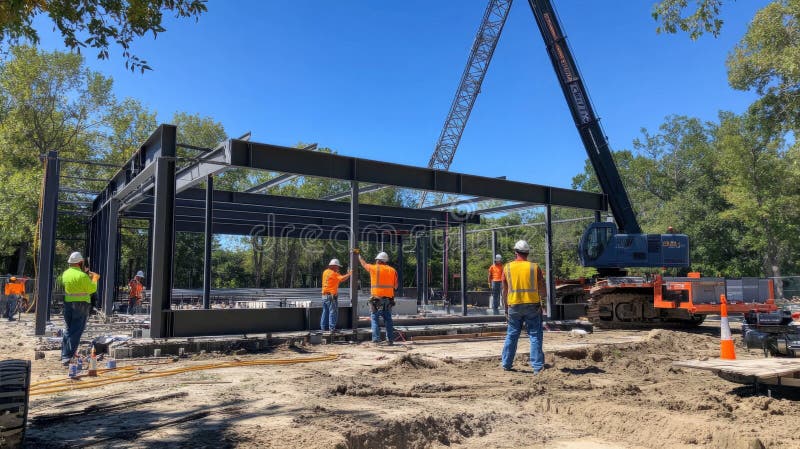 Construction Workers Building a Steel Frame Structure Stock ...