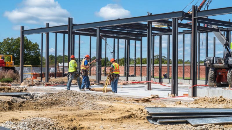 Construction Workers Building a Steel Frame Structure Stock ...