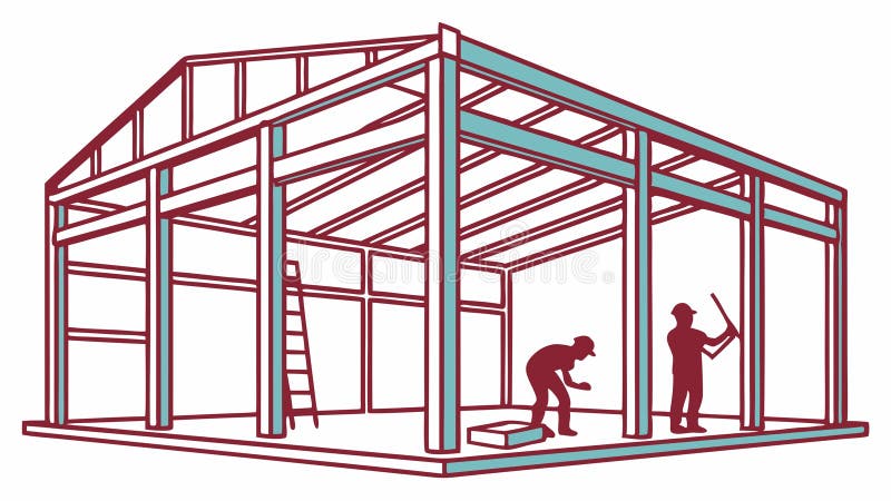 Construction Workers Building a Steel Frame Structure, Industry and ...