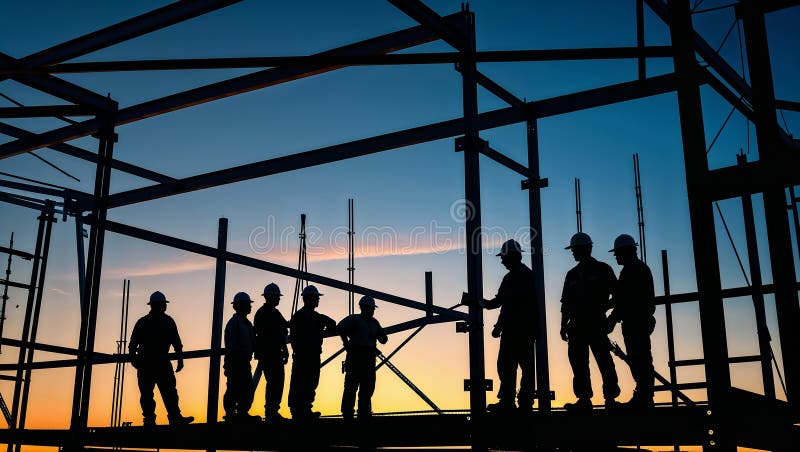 Construction Workers Building Steel Frame Structure at Sunset Stock ...