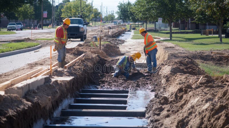 Construction Workers Building Steps in Trench Stock Illustration ...