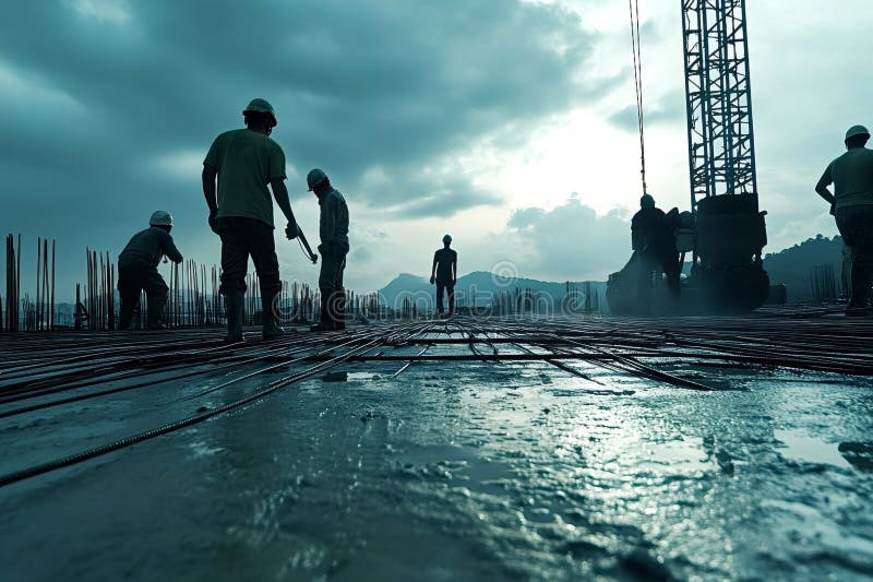 Construction Workers Building Structure on Concrete Surface at Site ...