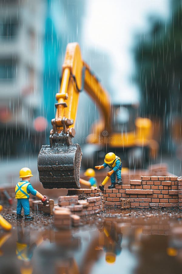 Construction Workers Building Wall with Excavator in Rain Stock Photo ...