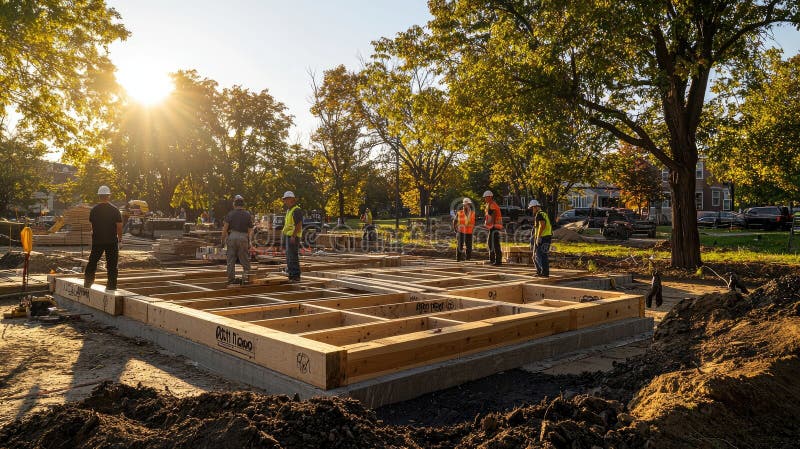Construction Workers Building a Wooden Frame Foundation in a Park Stock ...