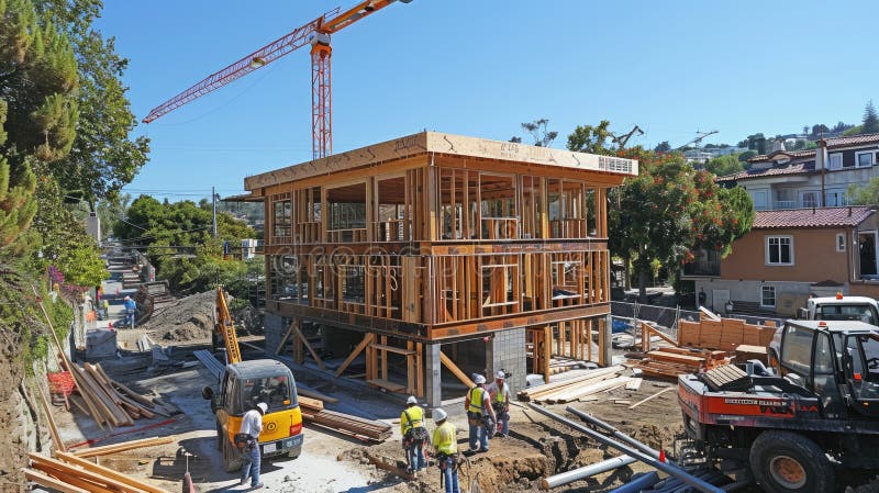 Construction Workers Building a Wooden Frame House on a Sunny Day in a ...