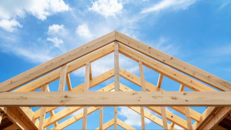 Skilled Workers Assembling Wooden Roof Frame Against Blue Sky ...