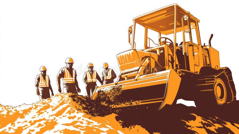 Construction Workers and Bulldozer Illustration, Heavy Equipment ...
