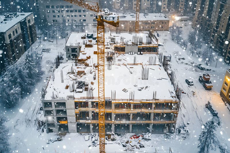 Snow-covered Construction Site of a Building in a Residential Area ...