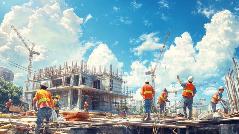Construction Workers on Busy Building Site Under Clear Sky Stock Photo ...