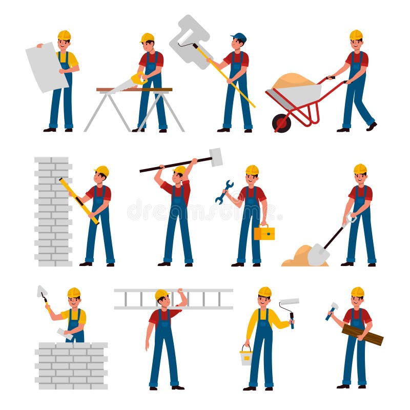 Construction Workers. Cartoon Builders in Helmet Work with ...