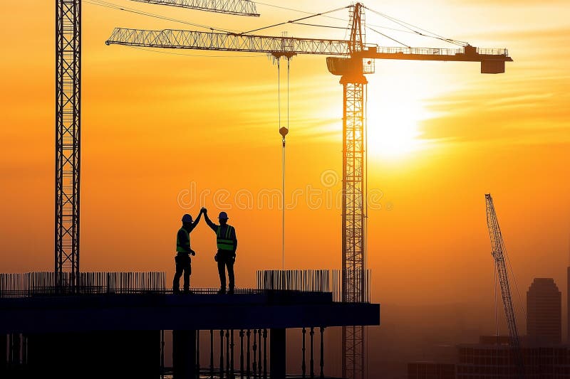Construction Workers Celebrate Teamwork on Rooftop during Sunset with ...