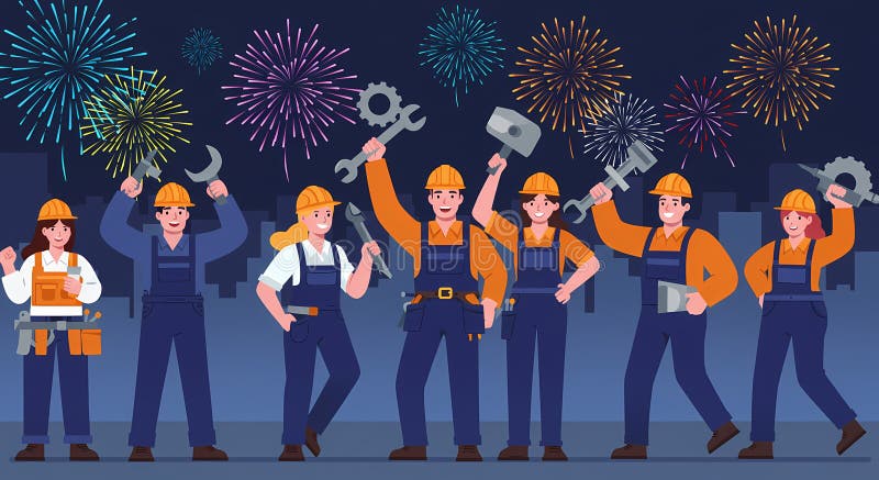 Construction Workers Celebrating with Fireworks Stock Illustration ...