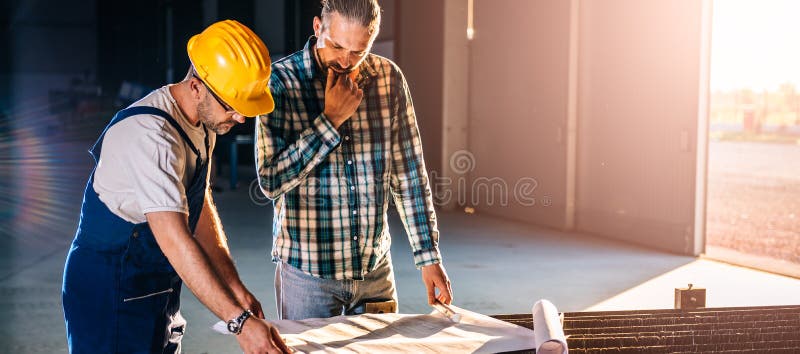 Construction Workers Checking Checking Blue Print Stock Photo - Image ...