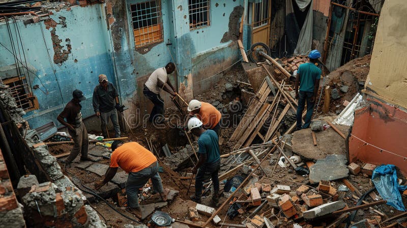 Construction Workers Clearing Debris after Disaster Stock Illustration ...