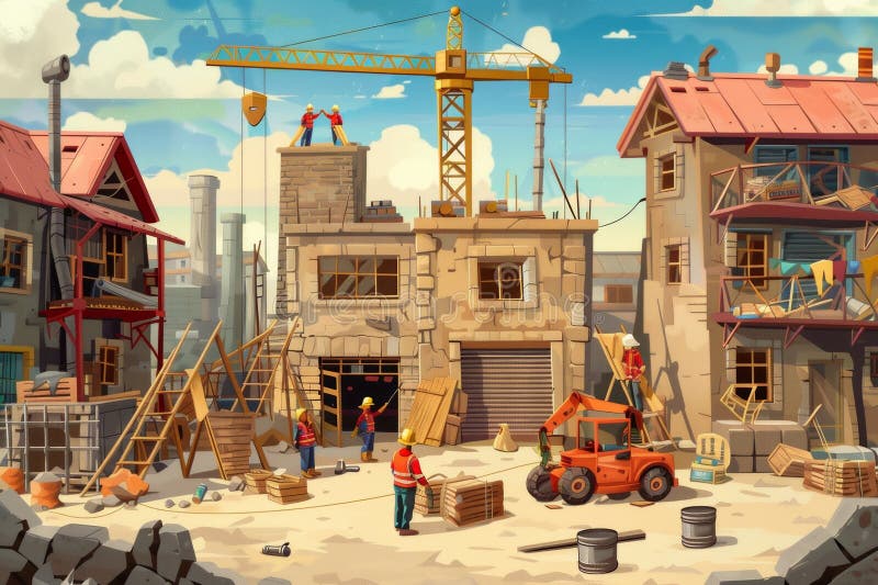 Construction Workers Collaborate on Site while Heavy Machinery and ...