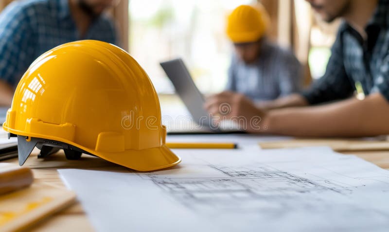 Construction Workers Collaborating on Blueprints at a Meeting Stock ...