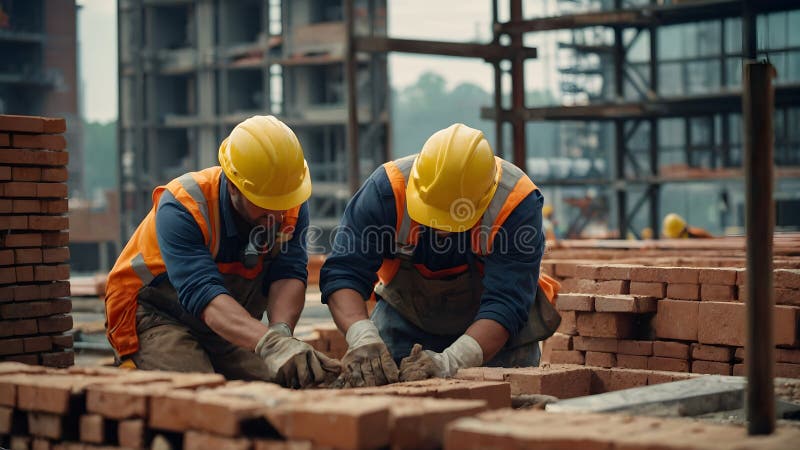 Construction Workers Collaborating on a Building Site, Operating ...