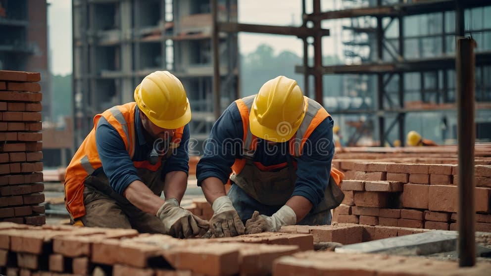 Construction Workers Collaborating on a Building Site, Operating Machinery and Laying Bricks ...