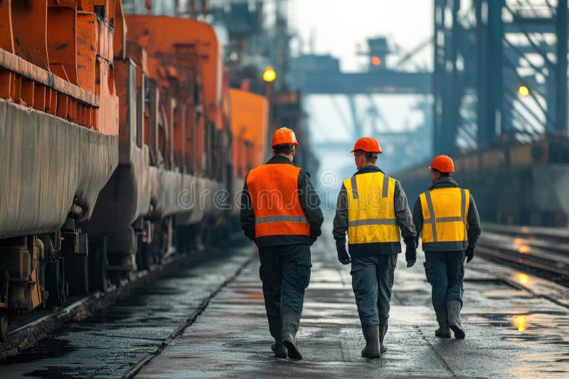Construction Workers Collaborating on a Railway Project Industrial Site ...