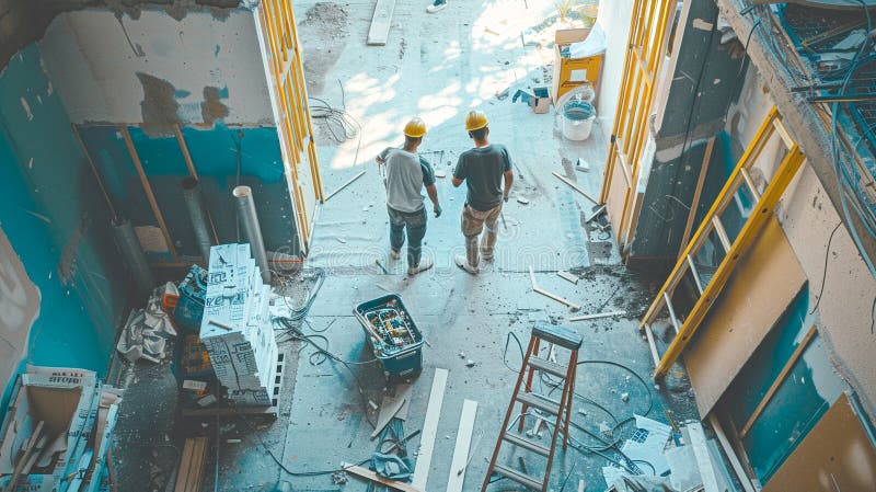 Construction Workers Collaborating on a Renovation Project Inside a ...
