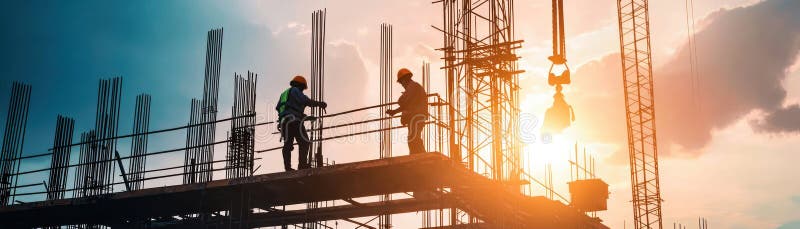 Construction Workers Collaborating on Smart City Project at Sunset ...