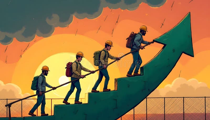 Construction Workers Collaboratively Scaling an Upward-pointing Green ...