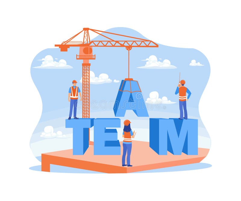 Construction Workers Compose the Word TEAM Using a Crane. Communicate ...