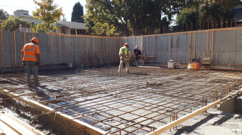 Construction Workers on Concrete Slab with Rebar Grid Stock ...
