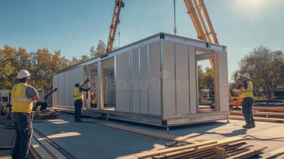 Construction Workers and Crane Lifting a Modular Building Section Stock ...