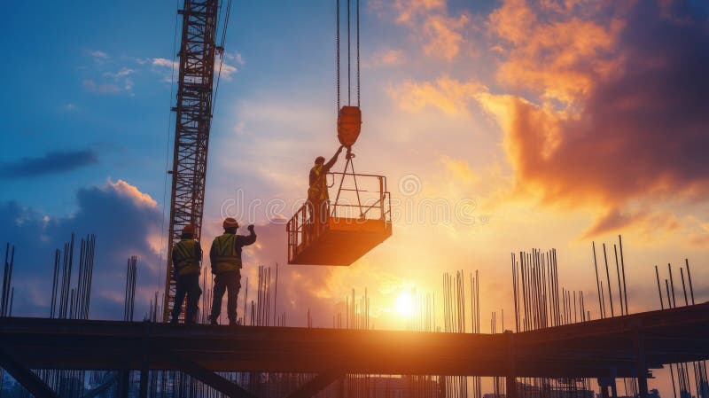 Construction Workers on a Crane Platform at Sunset Stock Illustration ...