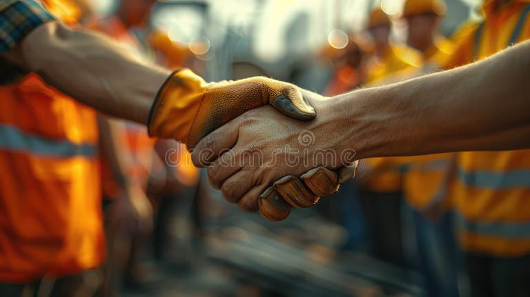 Construction Workers Demonstrating Teamwork and Unity through Handshake ...