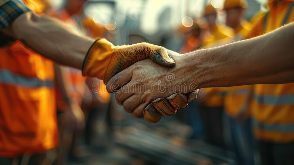 Construction Workers Demonstrating Teamwork and Unity through Handshake ...