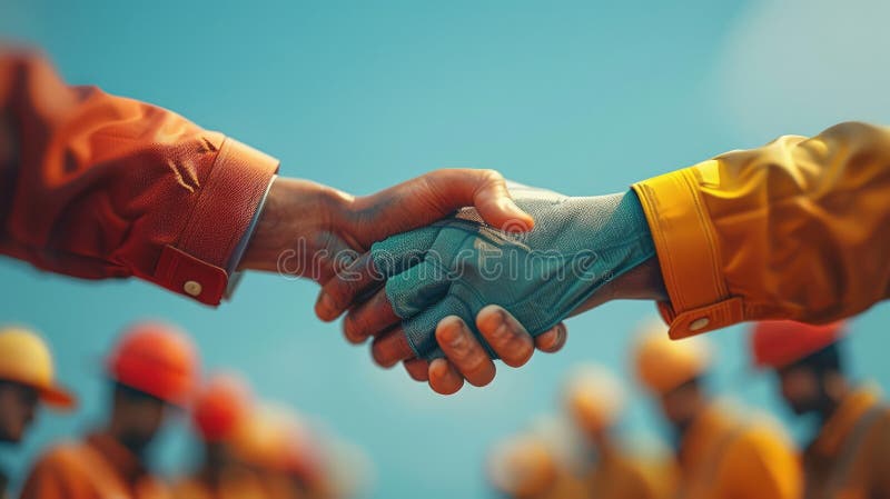 Construction Workers Demonstrating Teamwork and Unity through Handshake ...