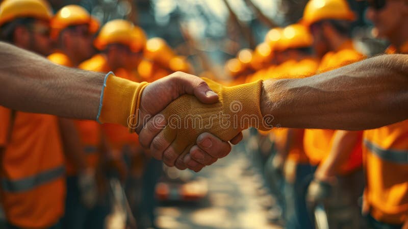 Construction Workers Demonstrating Teamwork and Unity through Handshake ...