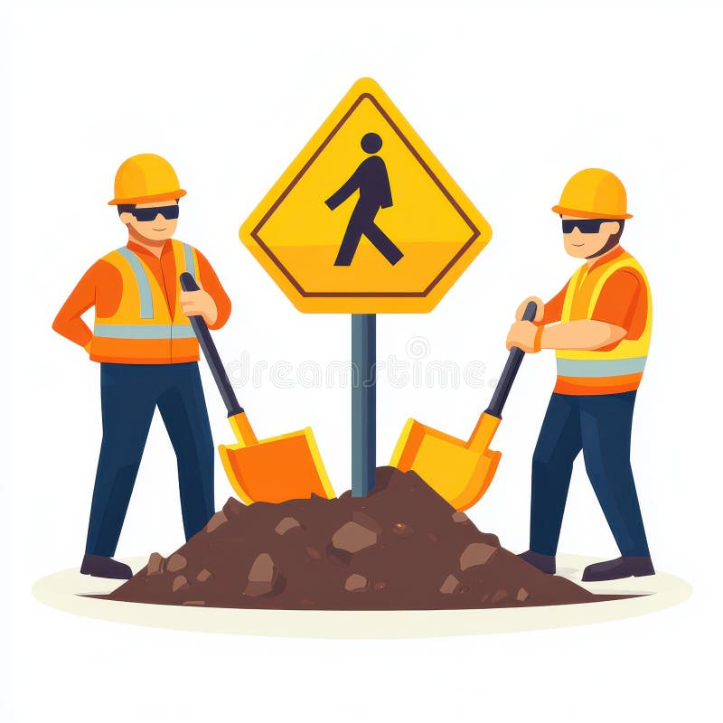 Construction Workers Digging Near Pedestrian Crossing Sign Stock ...