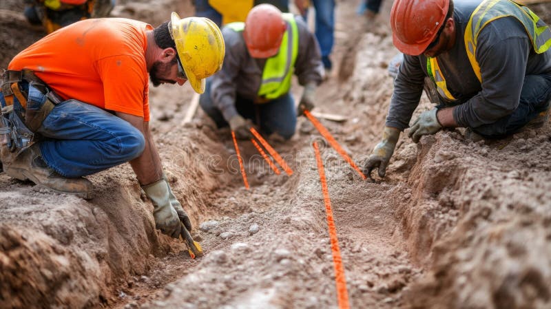 Construction Workers Digging a Trench in a Construction Site Stock ...