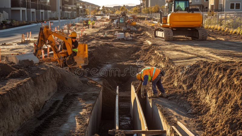 Construction Workers Digging Trench for Utility Lines in Residential ...