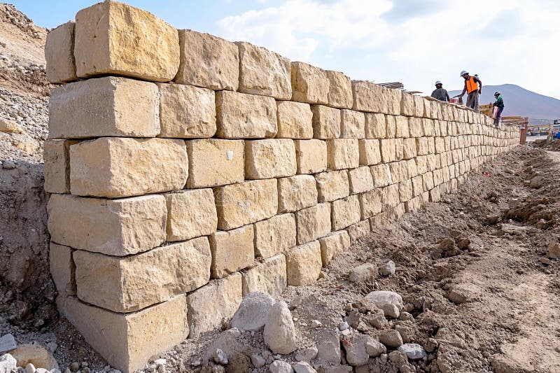 Construction Workers Building a Sturdy Stone Wall in Bright Daylight at ...
