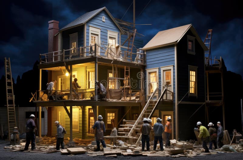Construction Workers are Diligently Working on a House at Night Stock ...