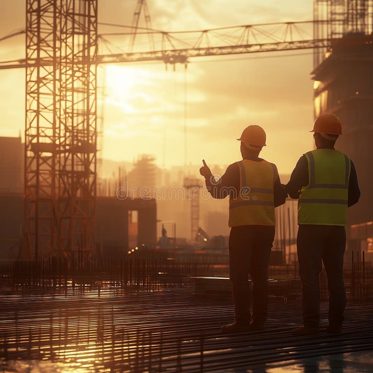 Construction Workers Discussing Building Progress at Sunset Stock Image ...