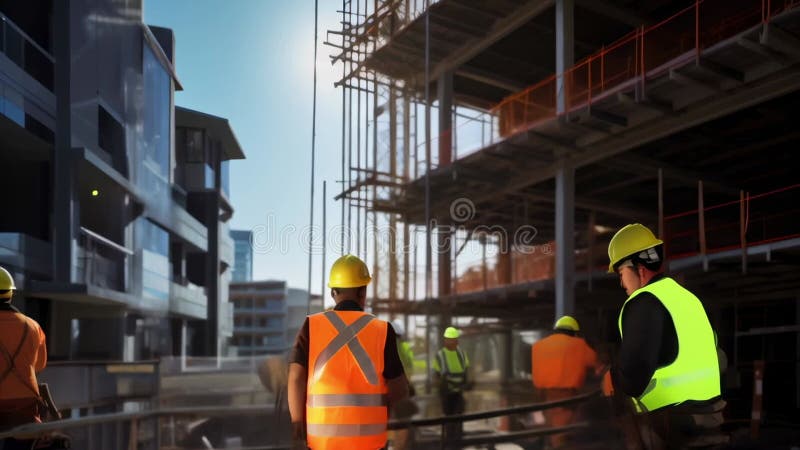 Construction Workers Navigate a Busy Site during the Day, Focusing on ...